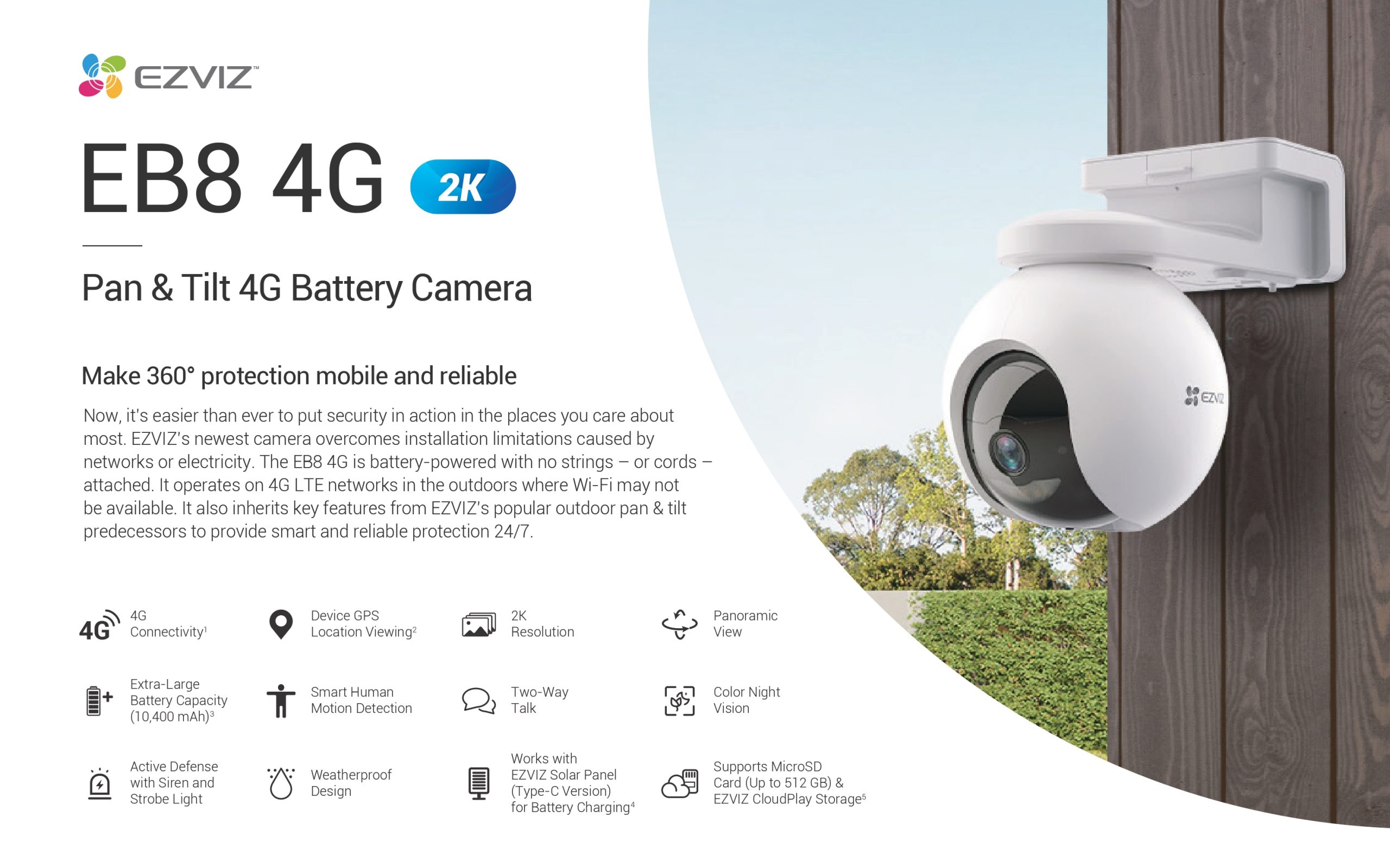 EZVIZ EB8 4G 2K Camera–Pan & Tilt 4G Battery Cam, Outdoor, 10400 mAh, 3 ...
